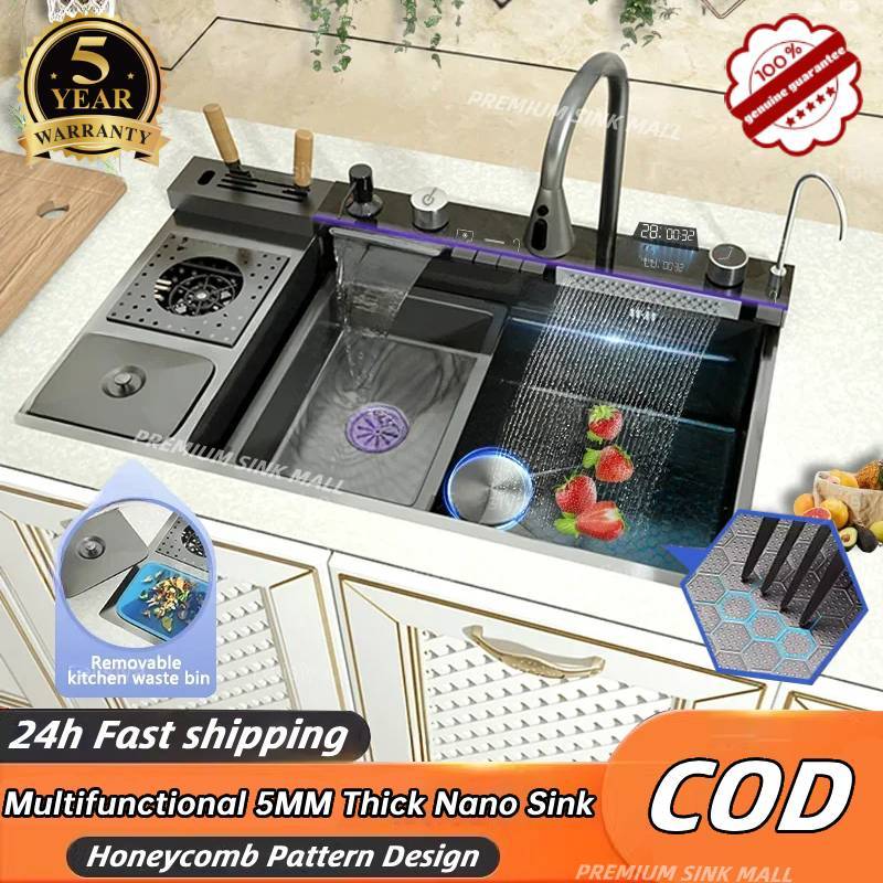 Digital Display Large Kitchen sink Waterfall SUS304 Stainless Steel ...