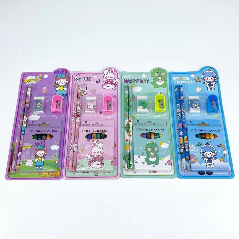 7011 KAWAII STATIONERY SET W/ 2 lapis 1eraser 1sharpener 1park crayons ...