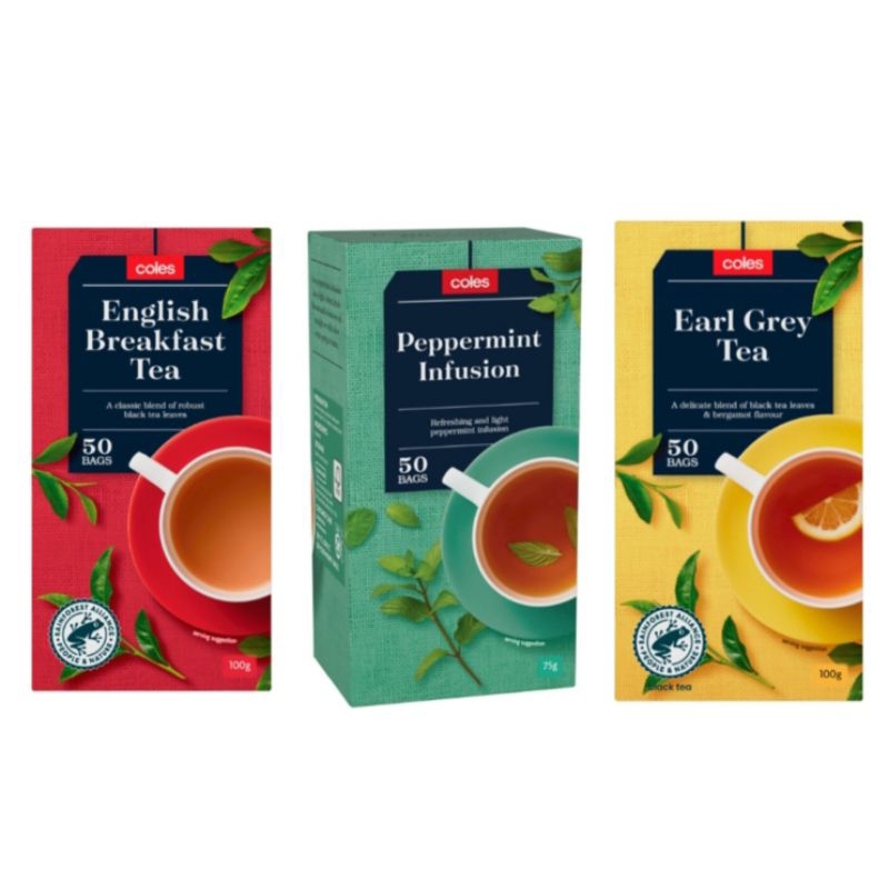 Coles English Breakfast / Peppermint Infusion / Earl Grey Tea Bags | 50 ...