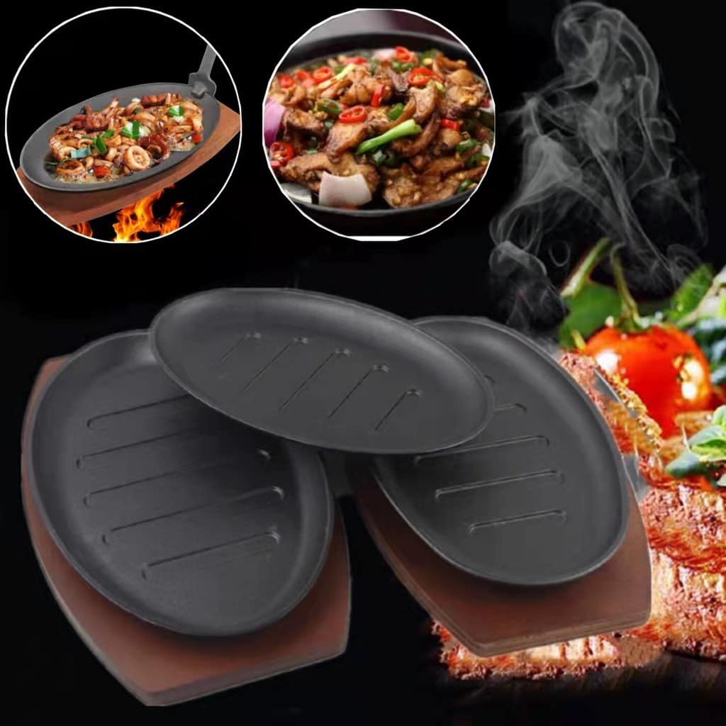 Grill Sizzling Plate Cast Iron with Wooden Steak Plate - Non-Stick ...