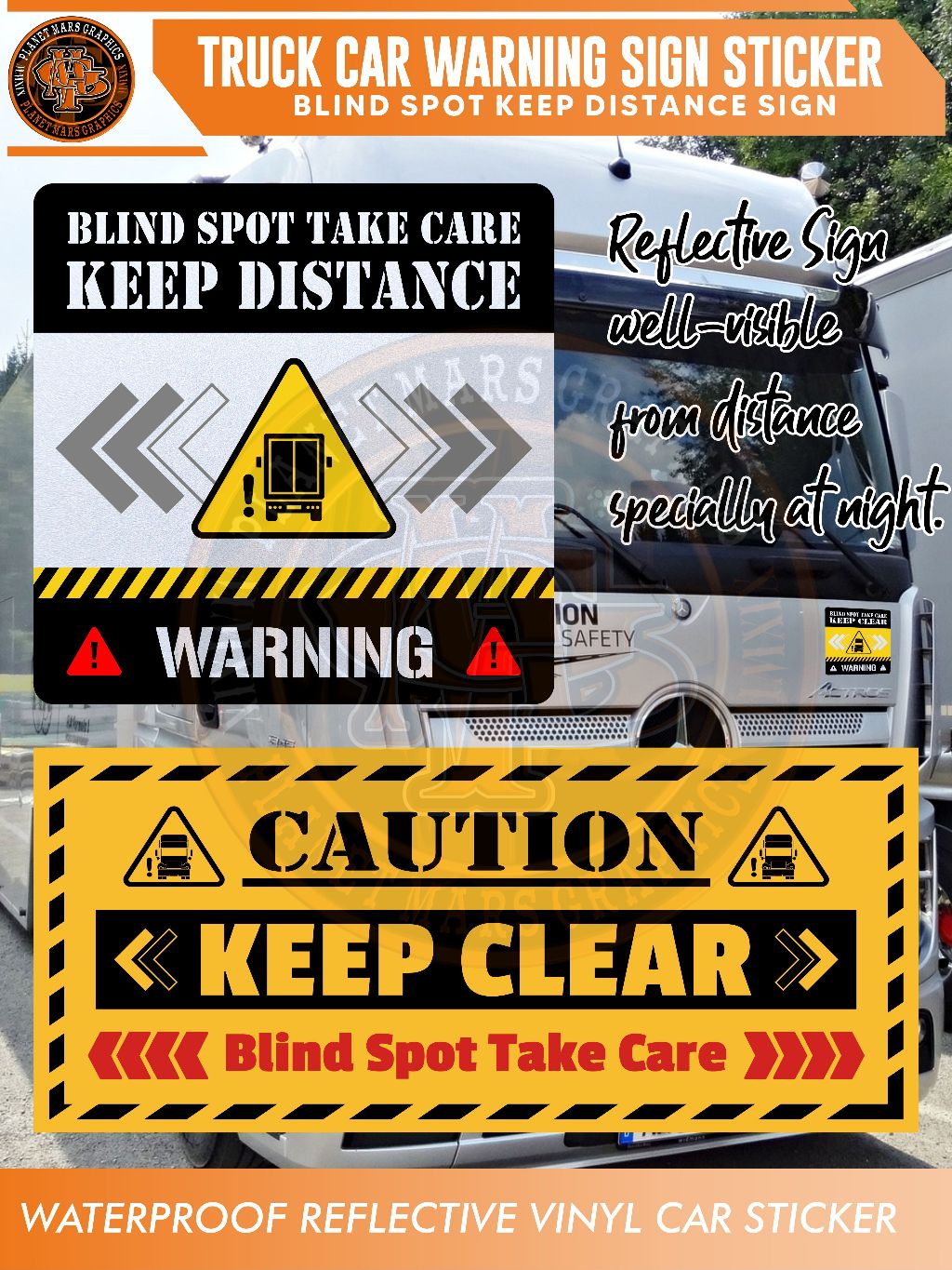 TRUCK CAR WARNING SIGN REFLECTIVE STICKER Blind Spot Take Care Keep ...