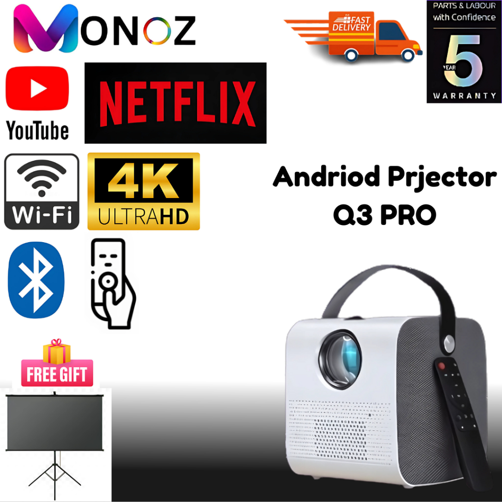 Q3 pro Projector with LED Smart IOS Android Bluetr inbuilt Netflix ...