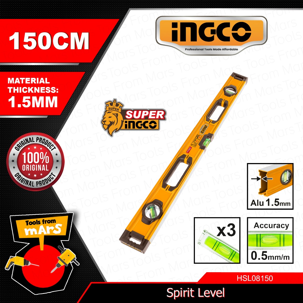 INGCO Spirit Level 150cm Double Side Milled Multi-Purpose Bubble ...
