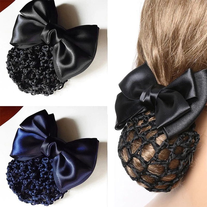 Women Hairnet Ribbon Bow Barrette Hair Clip Cover With Net for Office ...