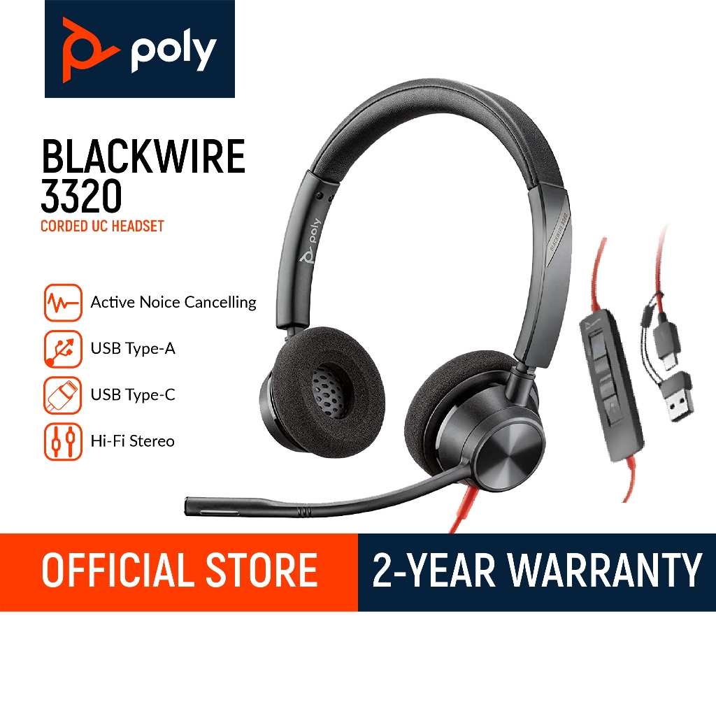 Poly Blackwire 3320 Stereo USB-C Headset +USB-C/A Adapter (8X219AA ...