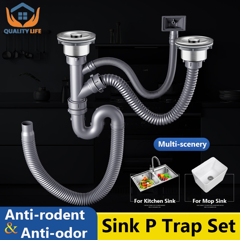 4inch Kitchen Sink Strainer 304 Stainless Steel Sink P Trap Set Anti ...