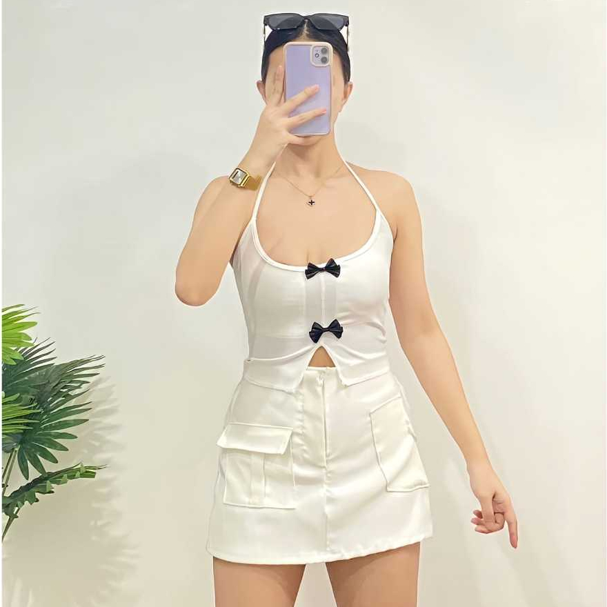 JER-JEN MIKHA HALTER RIBBON CROP TOP/SEXY FASHIONABLE OOTD TOP/KNITTED ...