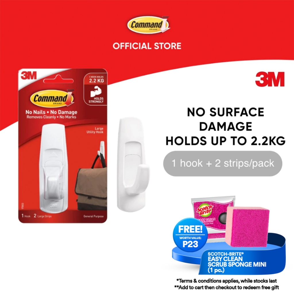 3M™ Command™ Large Utility Hooks 17003, 1 Hook + 2 Large Strips Holds ...