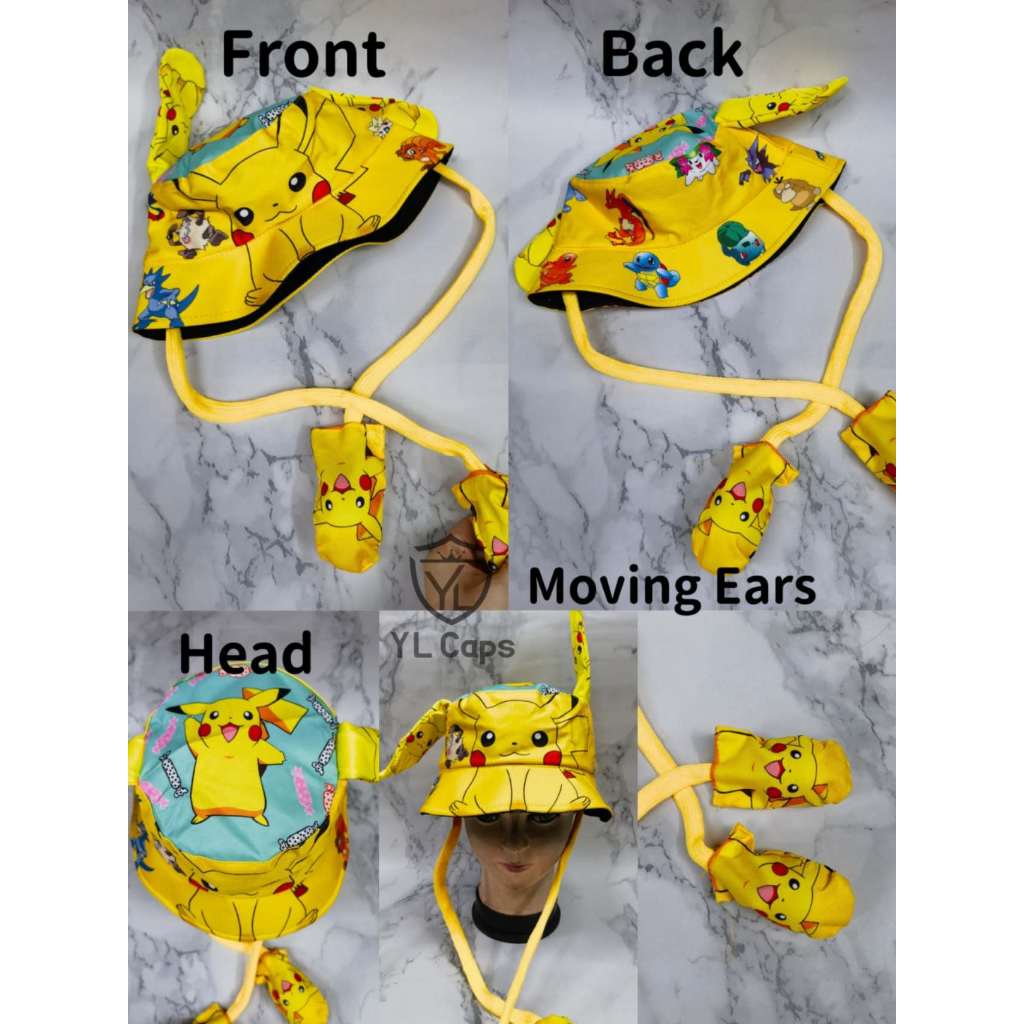 YL Caps Pikachu Hat Cartoon Bucket Hat Animal Caps with Moving Ears ...