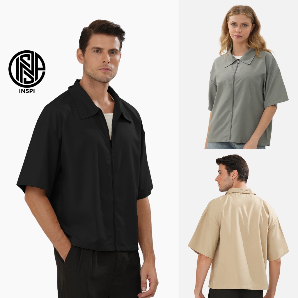 INSPI Full Zipped Boxy Polo for Men and Women with Collar Plain Korean ...