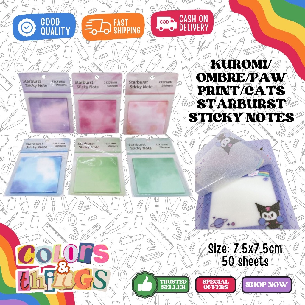 Kuromi, Ombre,Paw Print Cats Starburst Sticky Notes Cute Notes for ...