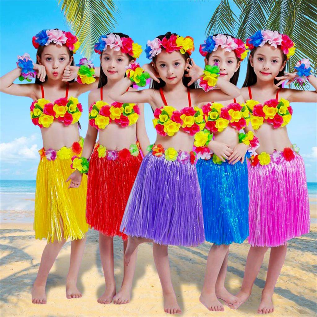 Hawaiian Hula Grass Skirt for Kids Girls 6pcs Set Tropical Theme Party ...