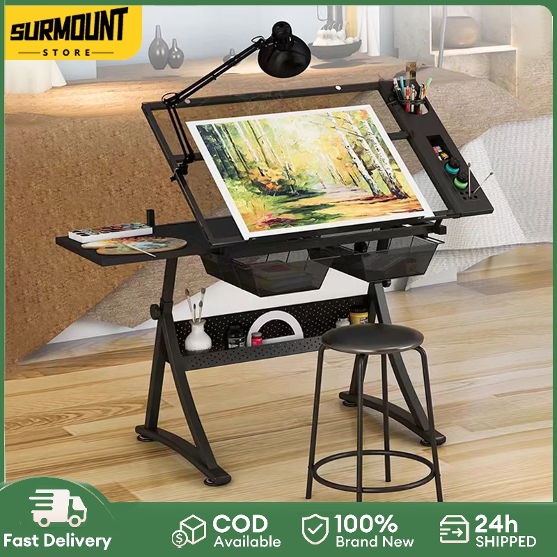 Glass Drawing TableHeight Adjustable Drawing Table with Drawer Stool ...