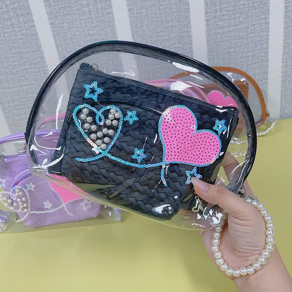 3in1 Heart Shape Sequins PVC Pouch With Leather Mini Purses Set Cute ...