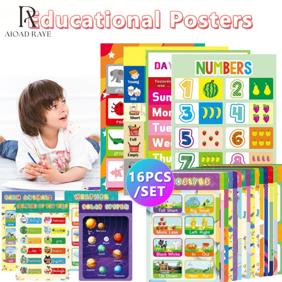 16pcs Chart for Kid Early Educational Set English Alphabet Numbers ...