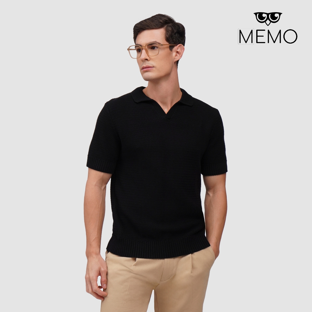 Memo Flat Knit Textured V-Neck Polo For Men (Black) | Shopee Philippines