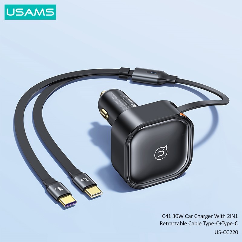 USAMS US-CC219 / US-CC220 C41 30W Car Charger with 2in1 Retractable ...