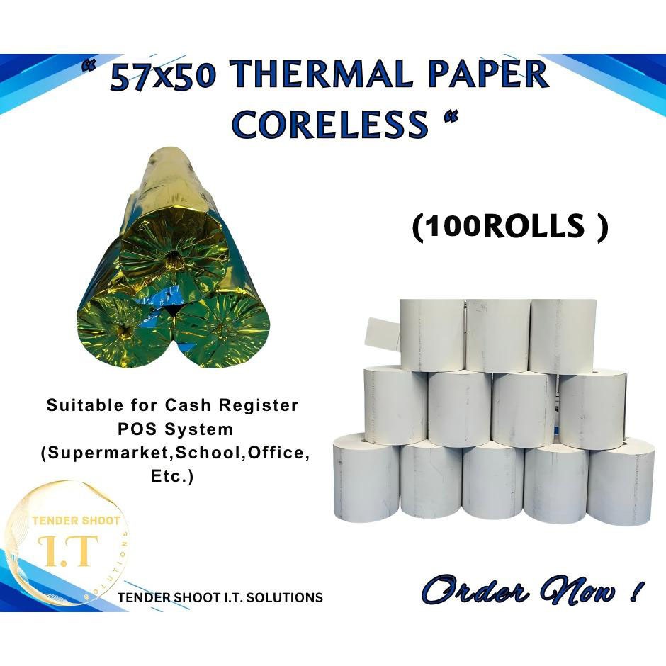 Thermal Paper Coreless 100 rolls 57x50 POS Receipt Paper 65gsm use for ...