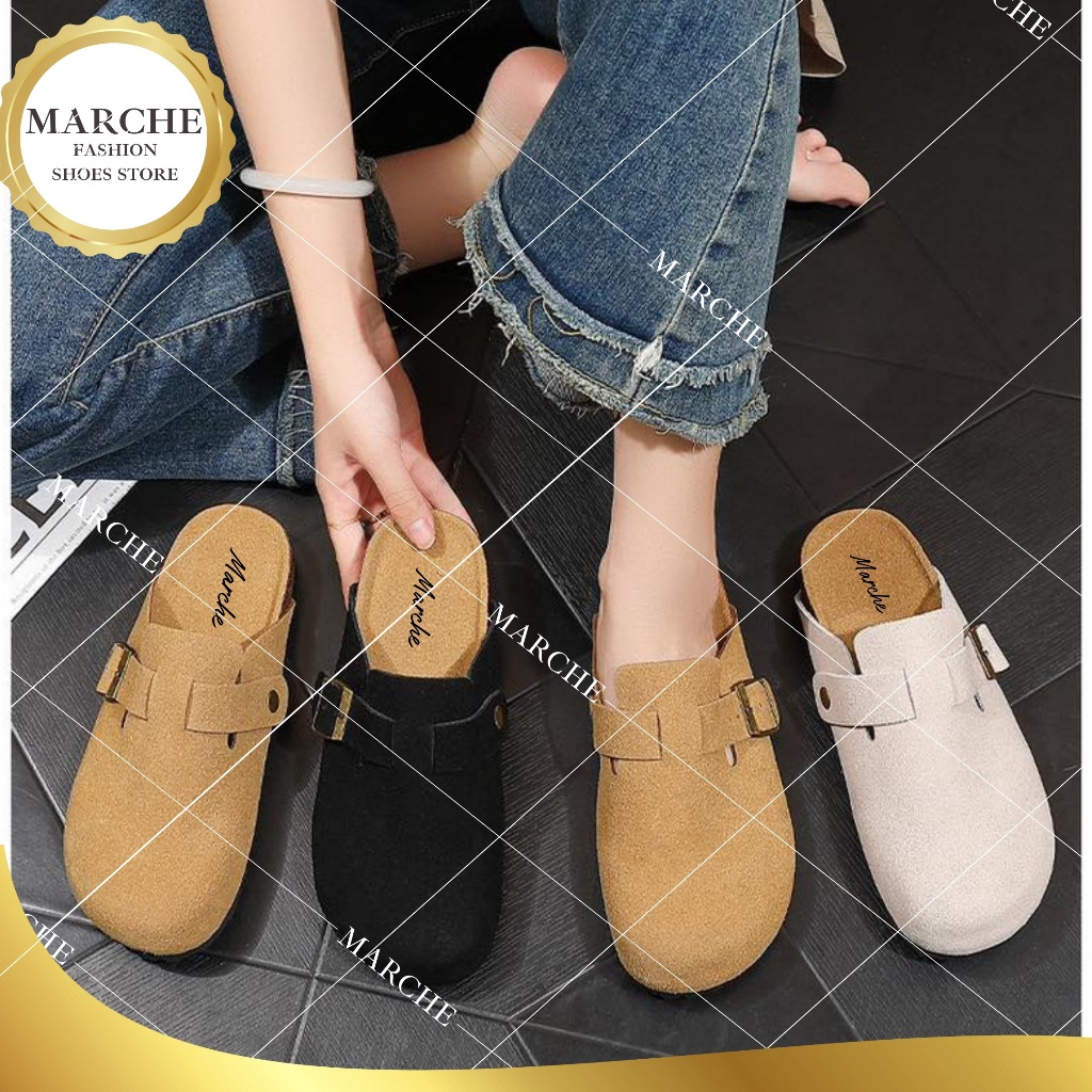 Marche New Korean Loafers Suede & Rubber Flat Clogs With Adjustable ...