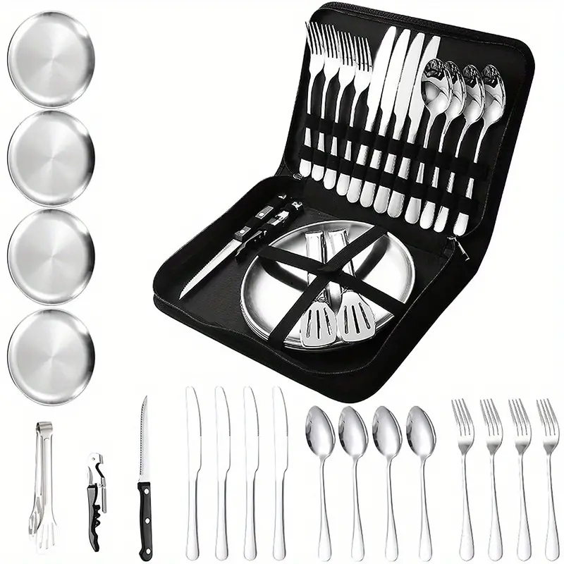 24 Pieces Silverware Set With Organizer - Premium Outdoor Picnic ...