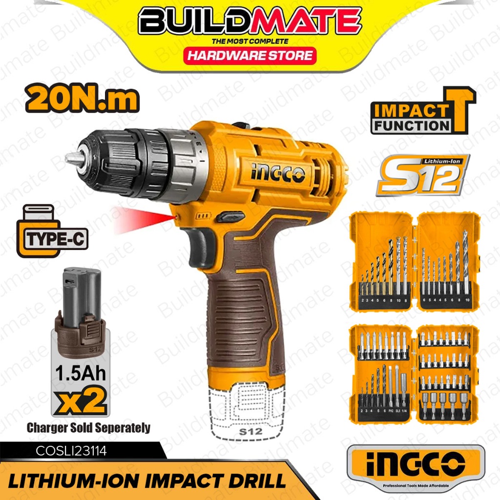 BUILDMATE Ingco 12V Cordless Impact Drill w/ 16pcs Drill Bit & 45pcs ...