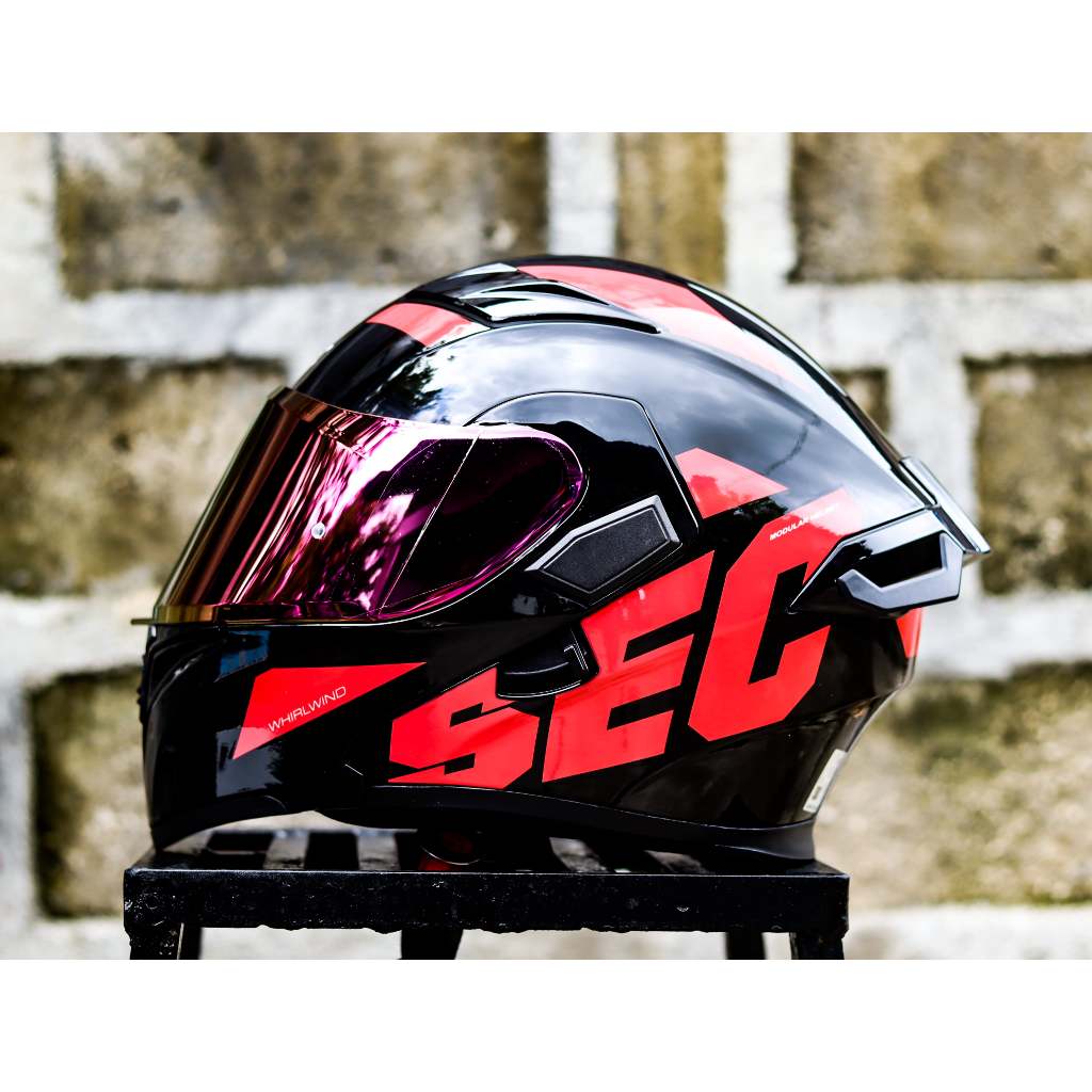 SEC HELMET WHIRLWIND V2 SOLID BLACK RED MODUAL DUAL VISOR WITH FREE ...