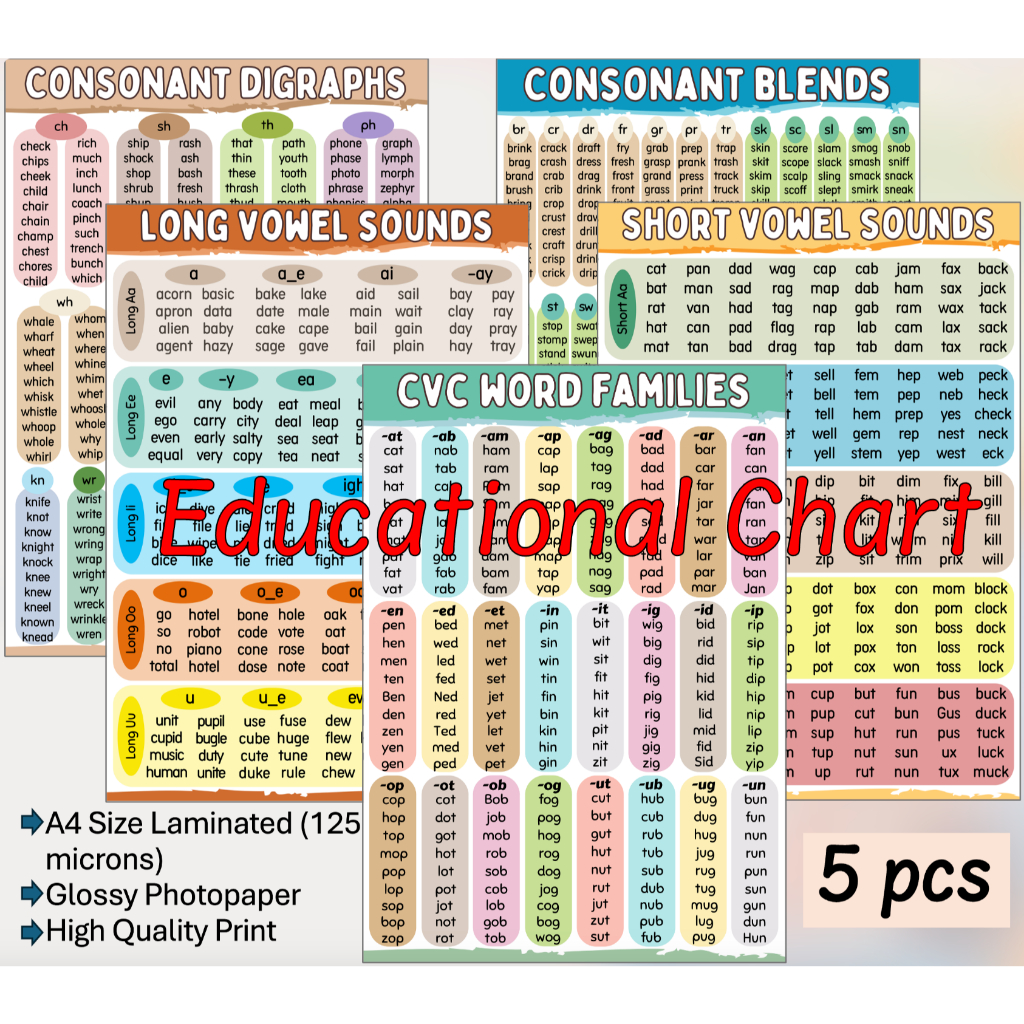 Educational Beginning Reading Learning Materials Charts for Kids ...