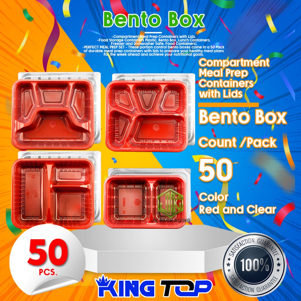 JK PACKAGING [ 50 PCS.] ( Division w/ Lid ) Red Bento Box 2D-RED 3D-RED ...