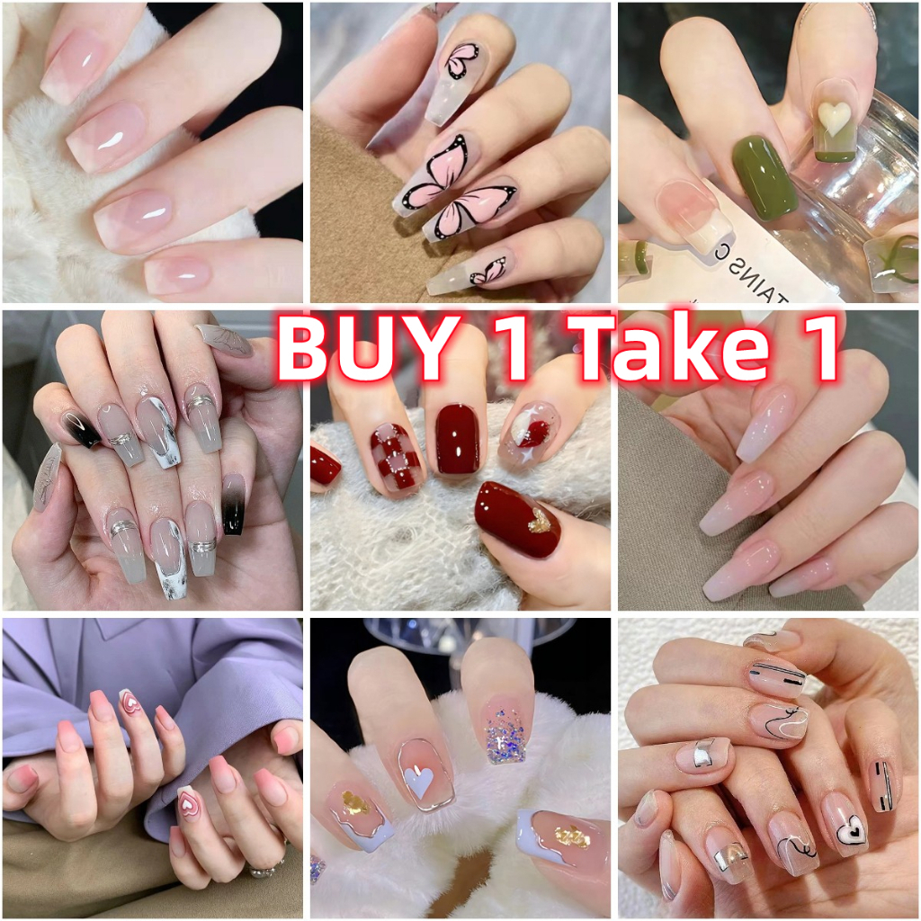 BUY 1 Take 1】24Pcs Fake Nails Set with Glue French Fake Nail Acrylic ...