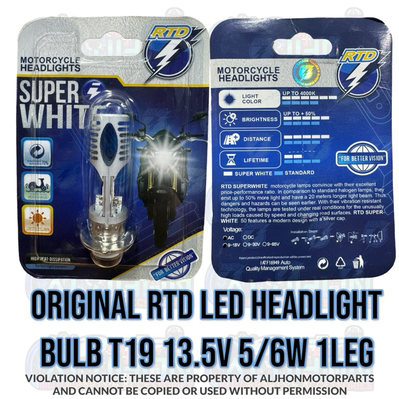 ORIGINAL RTD LED HEADLIGHT BULB T19 13.5V 5/6W 1LEG | Shopee Philippines