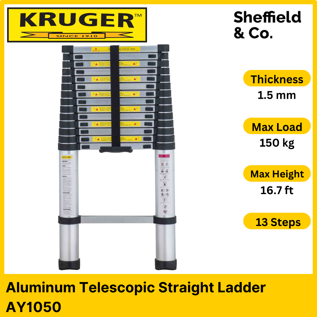 Kruger Aluminum Telescopic Single Side Straight Ladder, 13 Steps (5.1m ...
