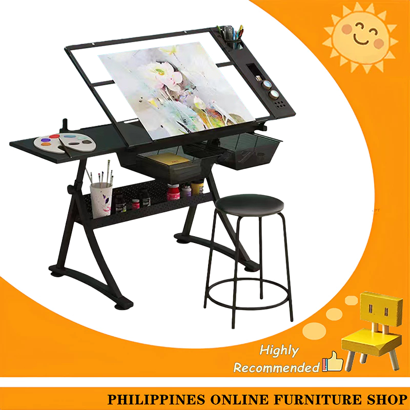 Drafting glass table with extra side table drawers and leather padded ...