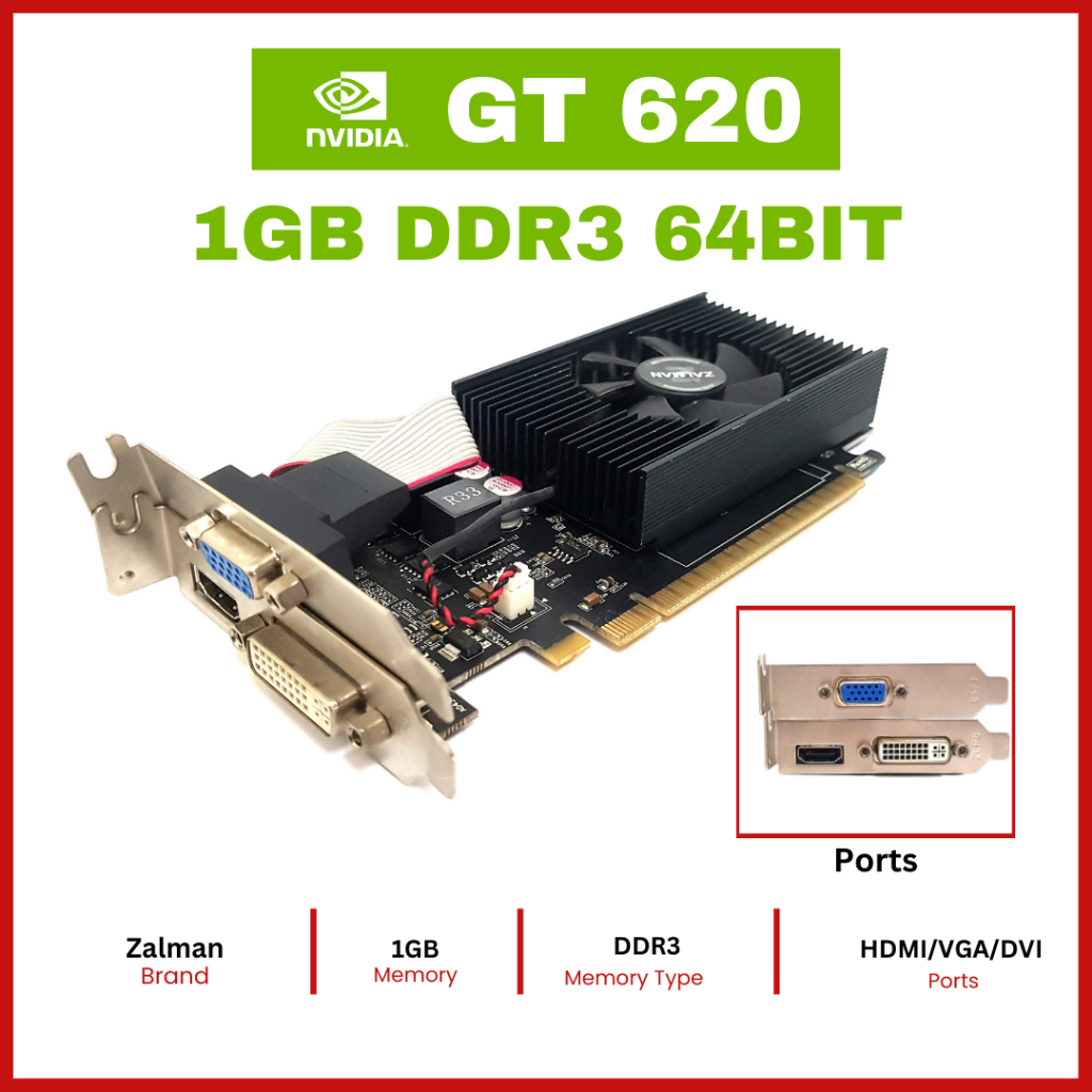 ZALMAN NVIDIA GT 620 1GB DDR3 64-bit Video Card - HDMI | VGA | DVI ...