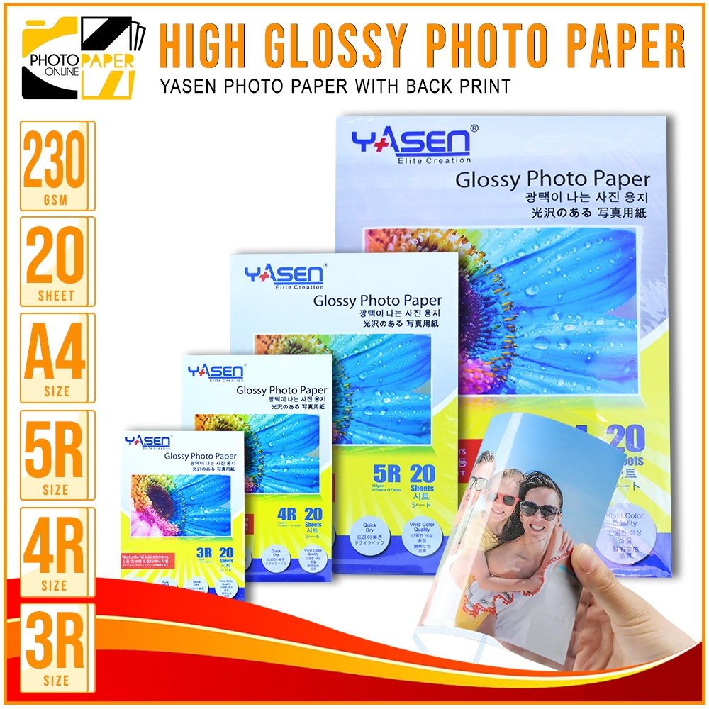 Yasen High Glossy Photo Paper 230GSM A4 | 5R | 3R | 4R (20 Sheets ...