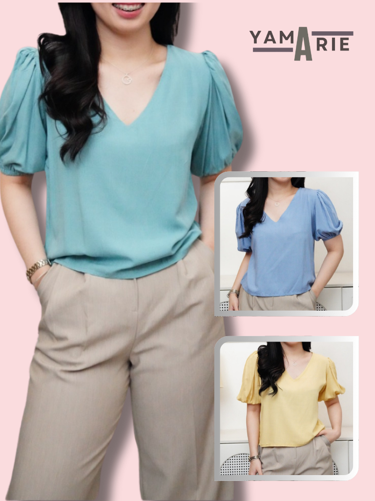 Yamari.PH Casual Trendy Fashion V-neck Puff Sleeves Soft Linen Top | Melissa Top | Shopee ...