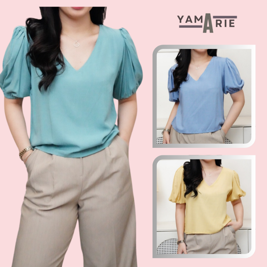 Yamari.PH Casual Trendy Fashion V-neck Puff Sleeves Soft Linen Top | Melissa Top | Shopee ...