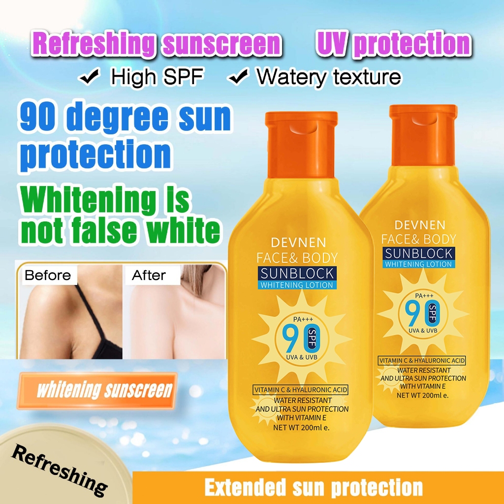 DEVNEN SPF90+ Sunscreen Lotion For Face & Body Sunblock Whitening Cream Moisturizing Suncare ...