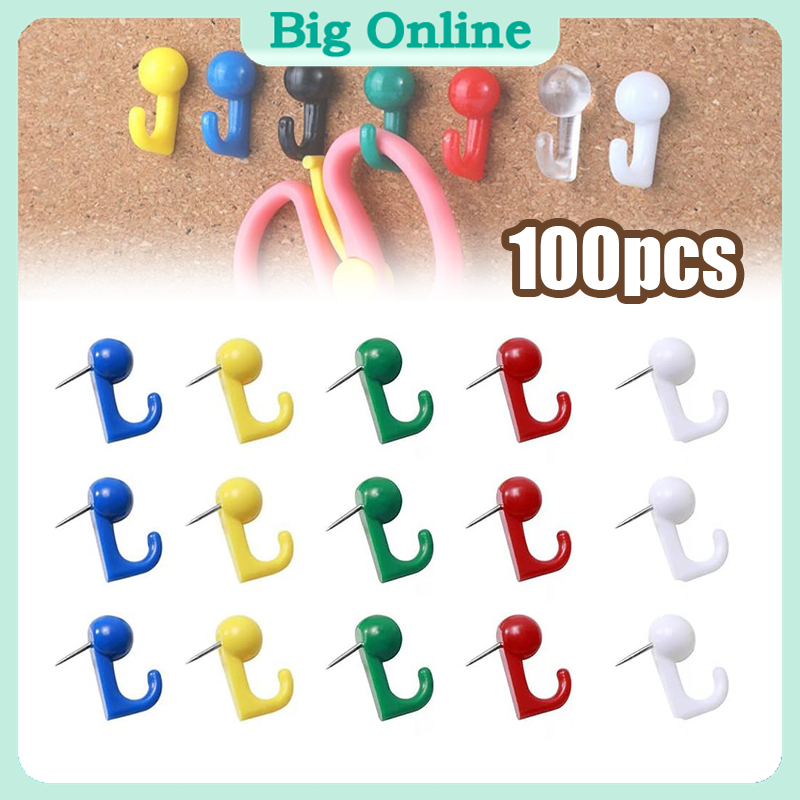 100pcs Push Pin Hooks Plastic Push Pin Hanger Colorful Marking Pins ...