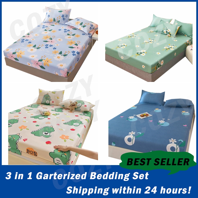 3 IN 1 Garterized Bedding Set with 4 Corners Garterized Bed Sheet ...