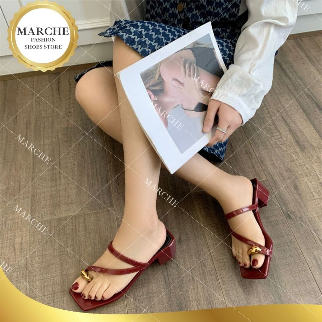 Marche New Open Toe Pixie Mid Heel Sandals With Metal Gold Ring On Toe ...