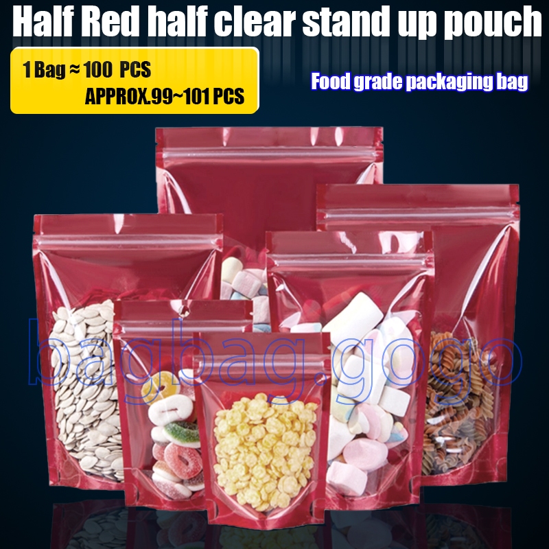 100pc Half Red Aluminum Half Clear Stand Up Pouch with Zip Lock ...