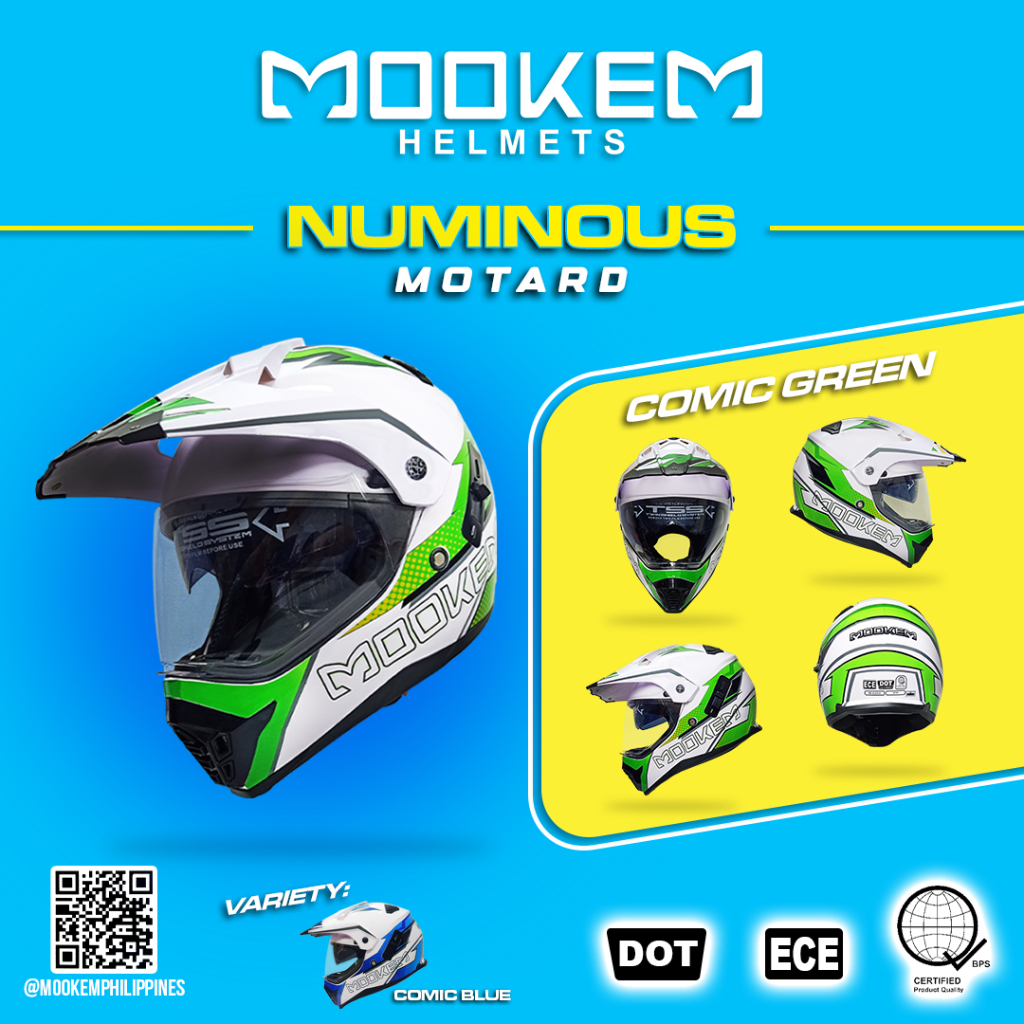 Mookem Helmets E101 Motard-Comic Green/Blue Full Face Dual Visor Helmet ...