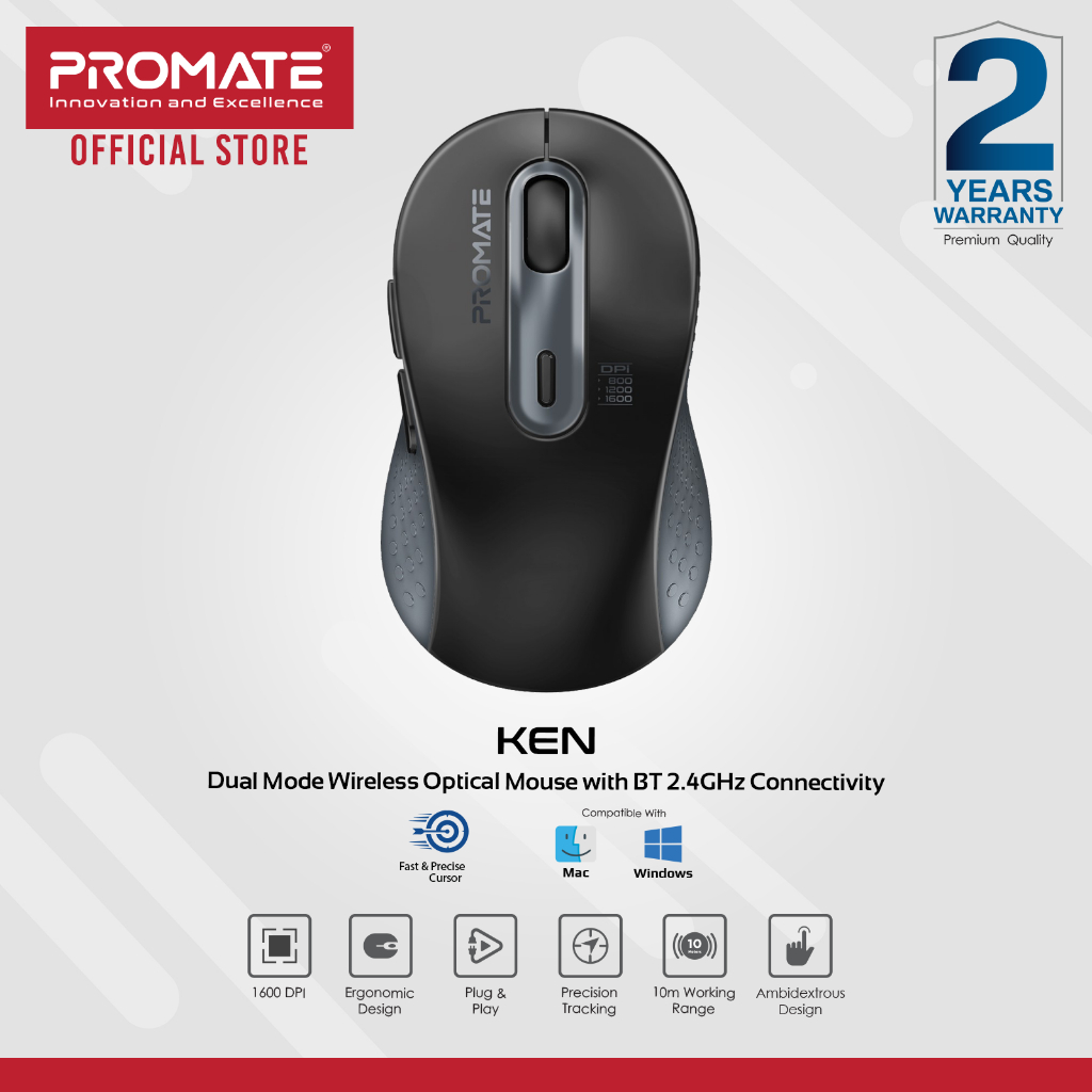 Promate Ken Dual Mode Wireless Optical Mouse Bluetooth & 2.4GHz ...
