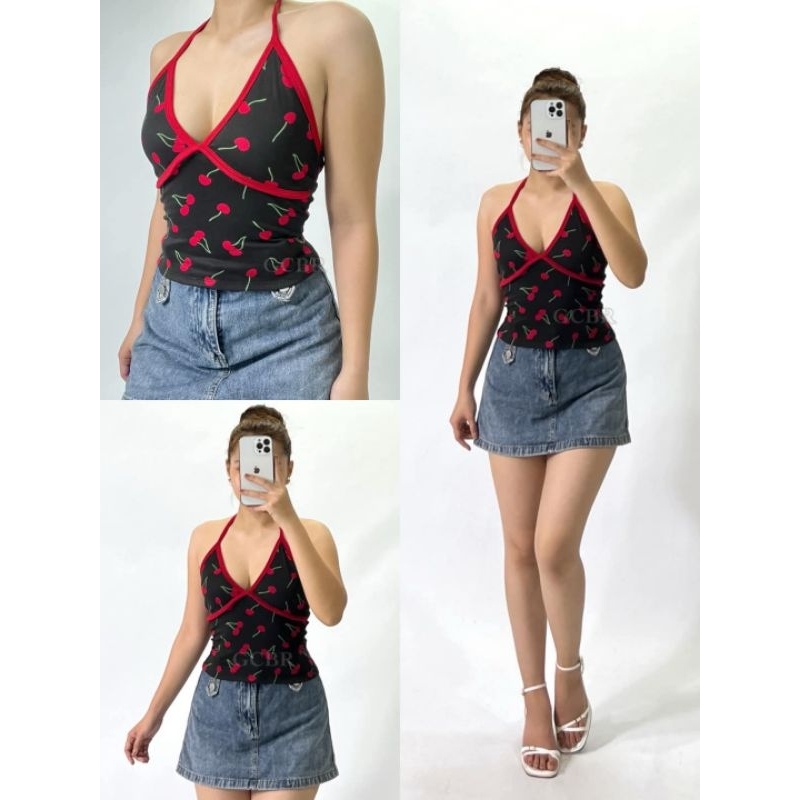 CHERRY HALTER DOUBLE LINING TOP (FIT S--semi L) Cotton Spandex fabric ...