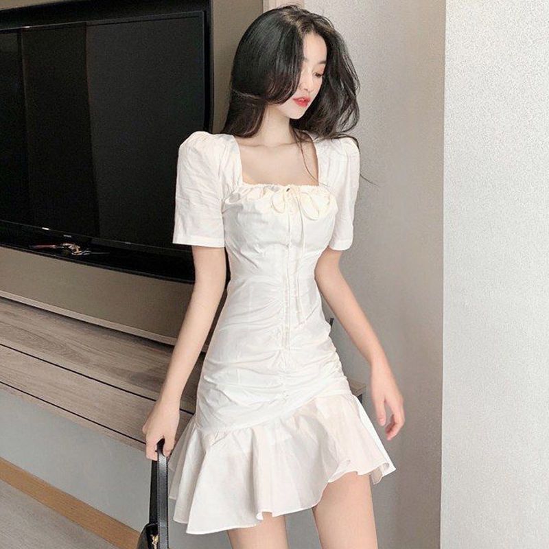 Square collar white korean Graduation dress puff style | Shopee Philippines
