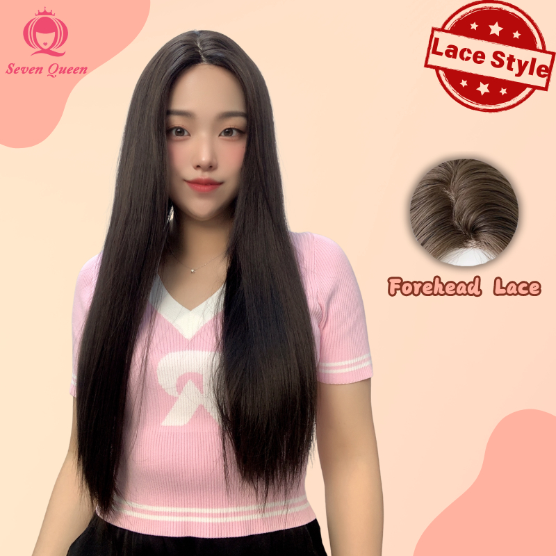 "Seven Queen"[FOREHEAD LACE WIG]Dark brown middle parted long straight ...