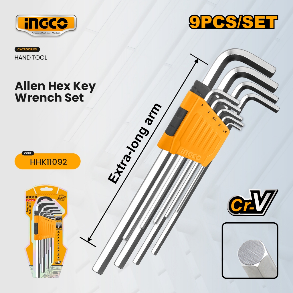 Ingco 1.5-10mm 9pcs Hex Key / Allen Key Set Extra-Long Arm with CR-V ...