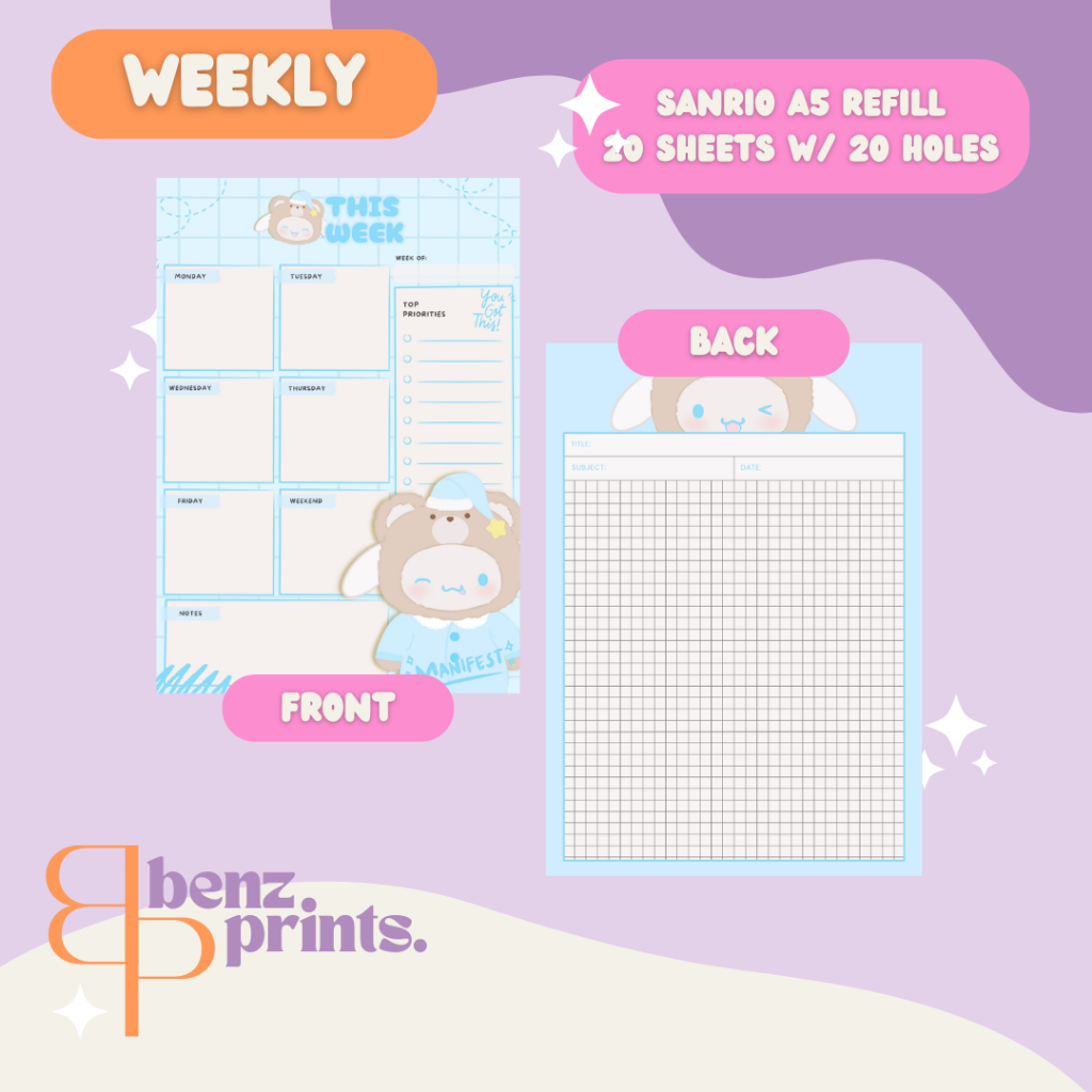A5 Weekly Planner Refill Inserts GSM with 20 Holes Sanrio Hello Kitty ...