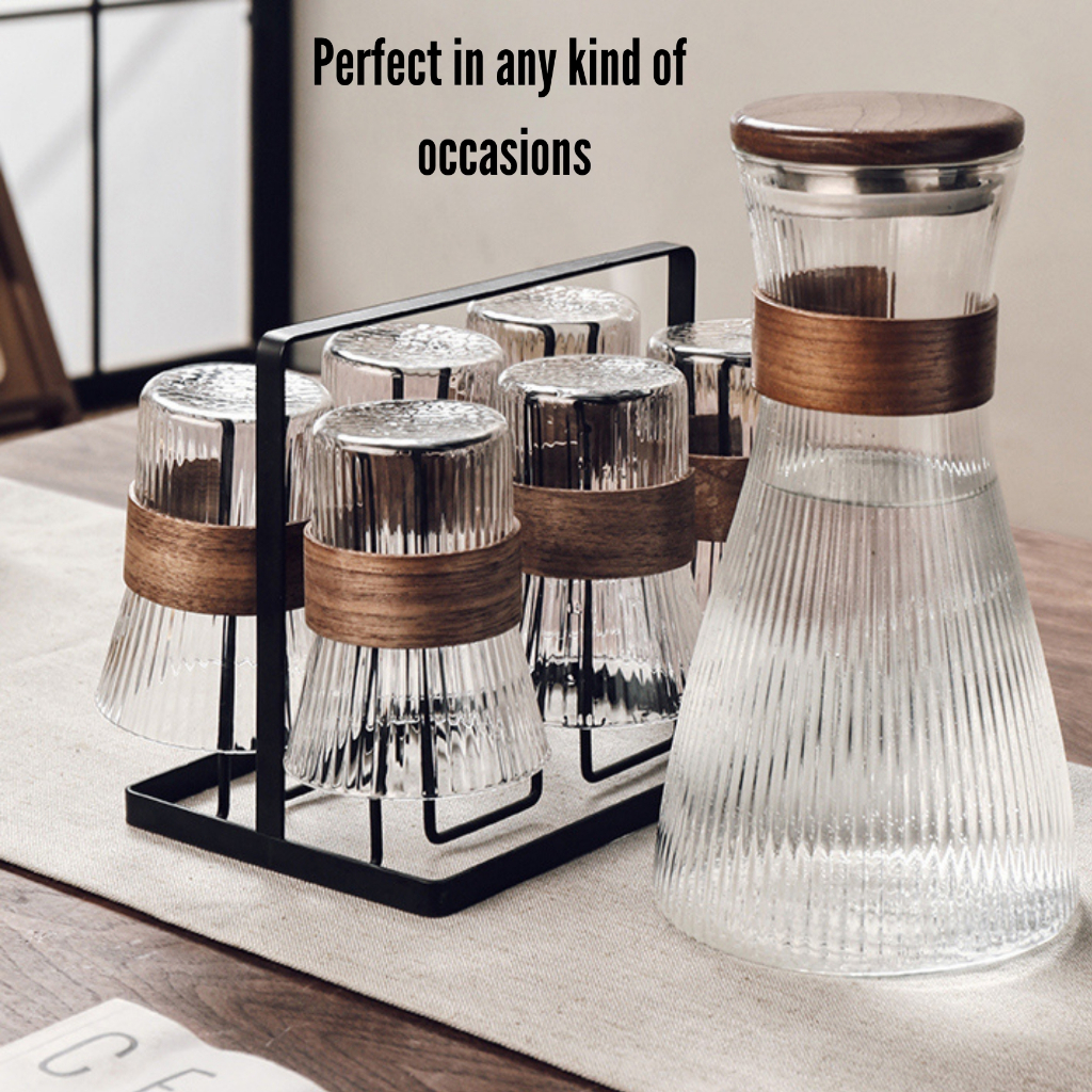 Glass Pitcher with Wooden Lid Cover Heat Cold Resistant with Cups High ...