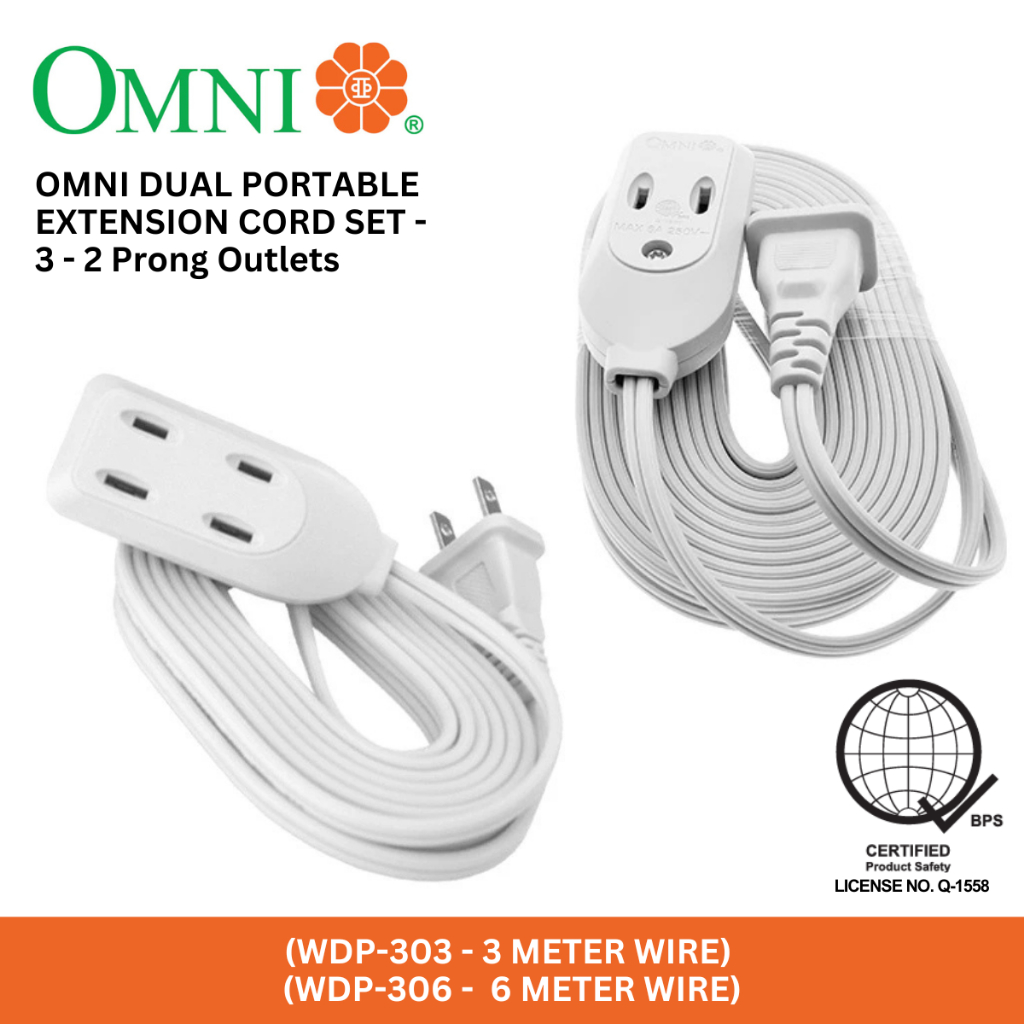 OMNI Dual Portable Extension Cord Three 2 Prong Outlets 3 Meter / 6 ...